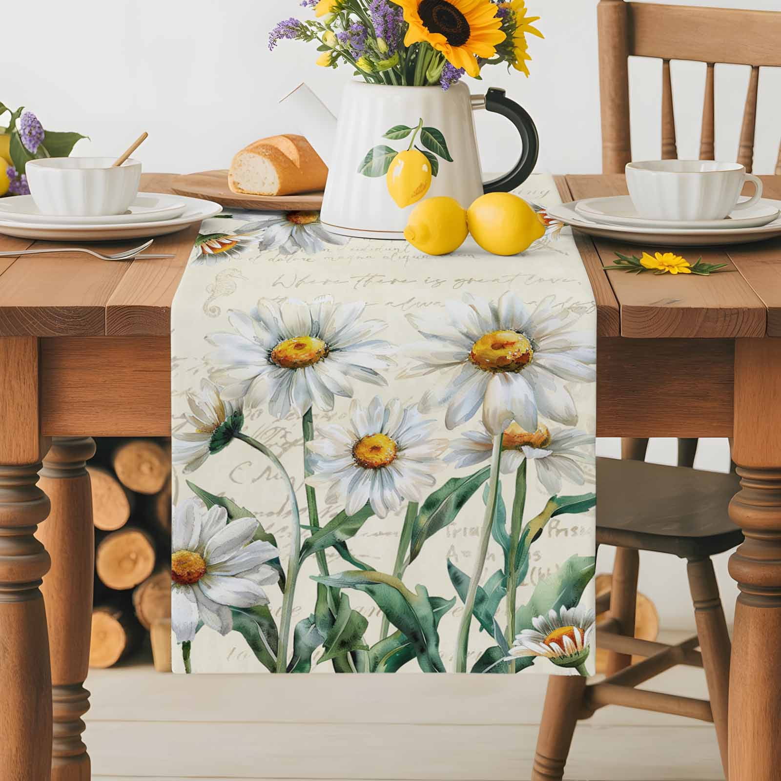Burlap Table Runner 36 Inches Long,Daisy Flower Green Leaf Plant Non ...