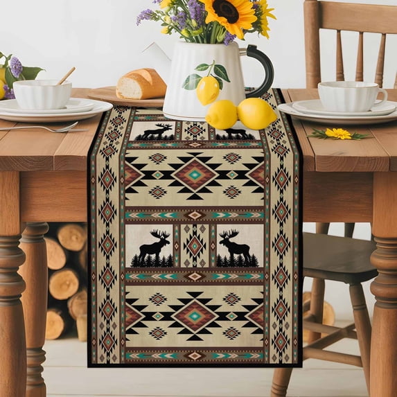 Burlap Table Runner 36 Inches Long, Ethnic Abstract Square Triangle on ...