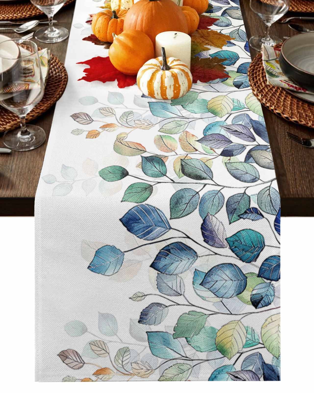 Burlap Table Runner 36 Inches Long,Fall Eucalyptus Leaves Blue Gradient ...