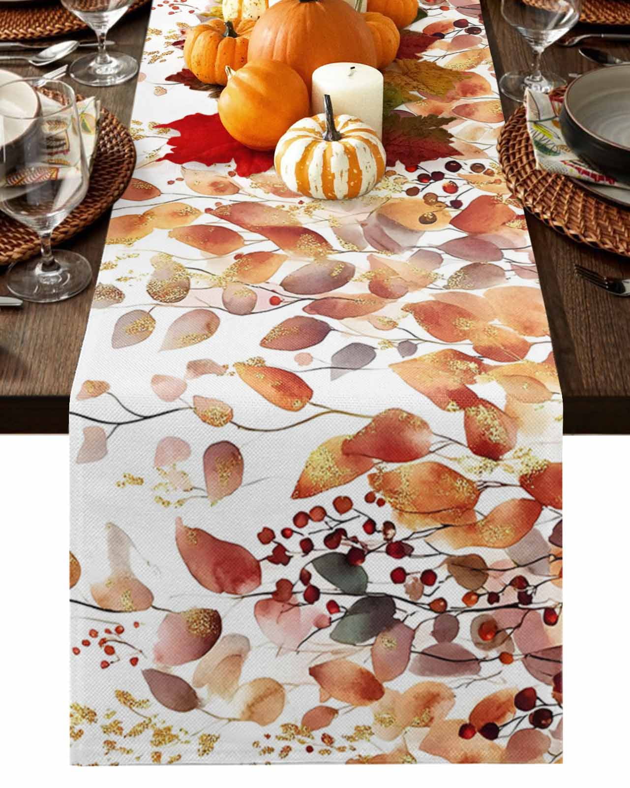 Burlap Table Runner 36 Inches Long,Fall Orange Leaves Watercolor Non ...