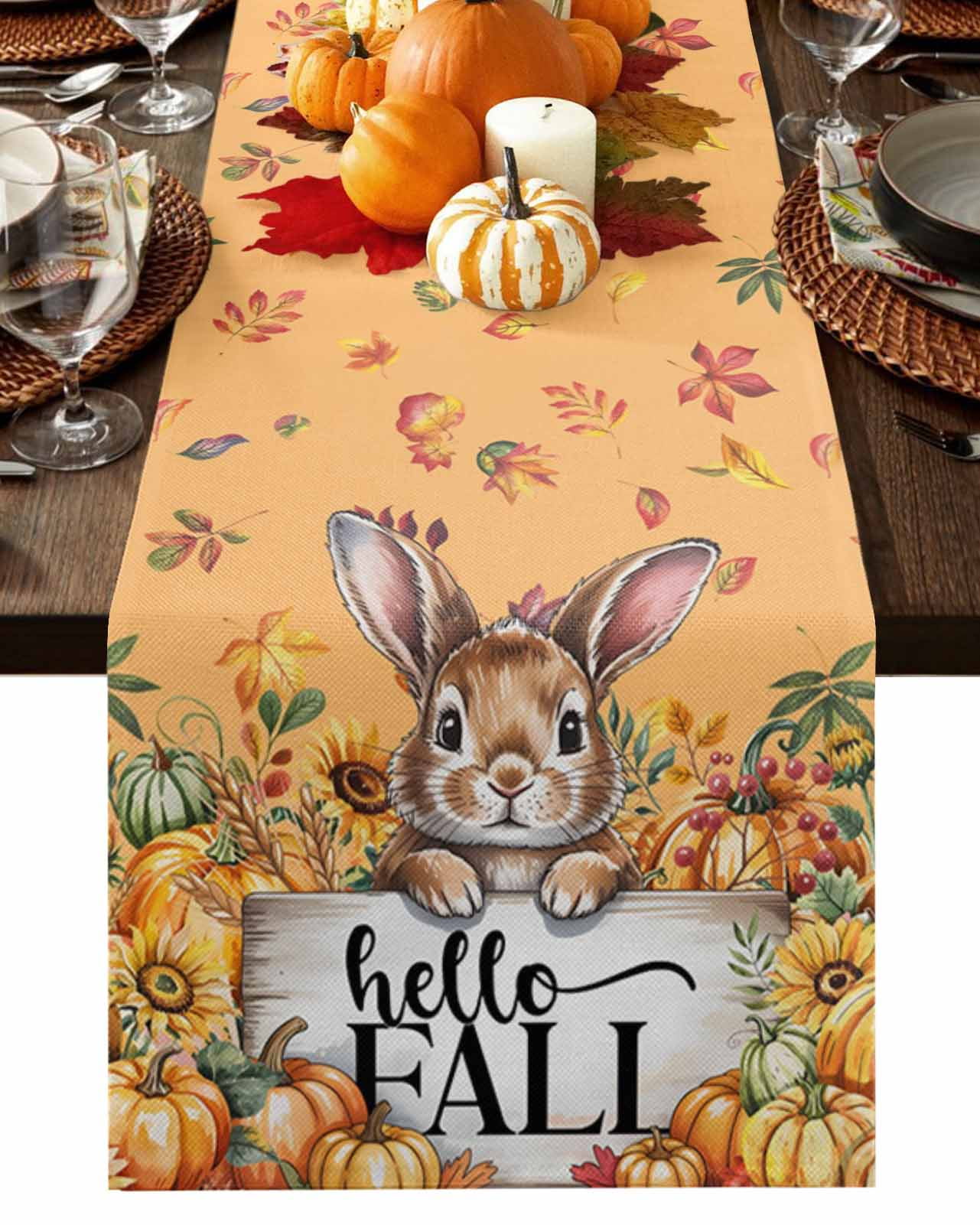 Burlap Table Runner 36 Inches Long,Fall Rabbit Thanksgiving Pumpkin Non ...