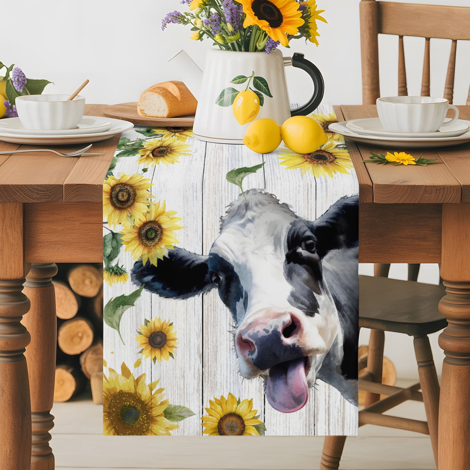 Burlap Table Runner 36 Inches Long, Farm Cow Wood Plank Non-Slip ...