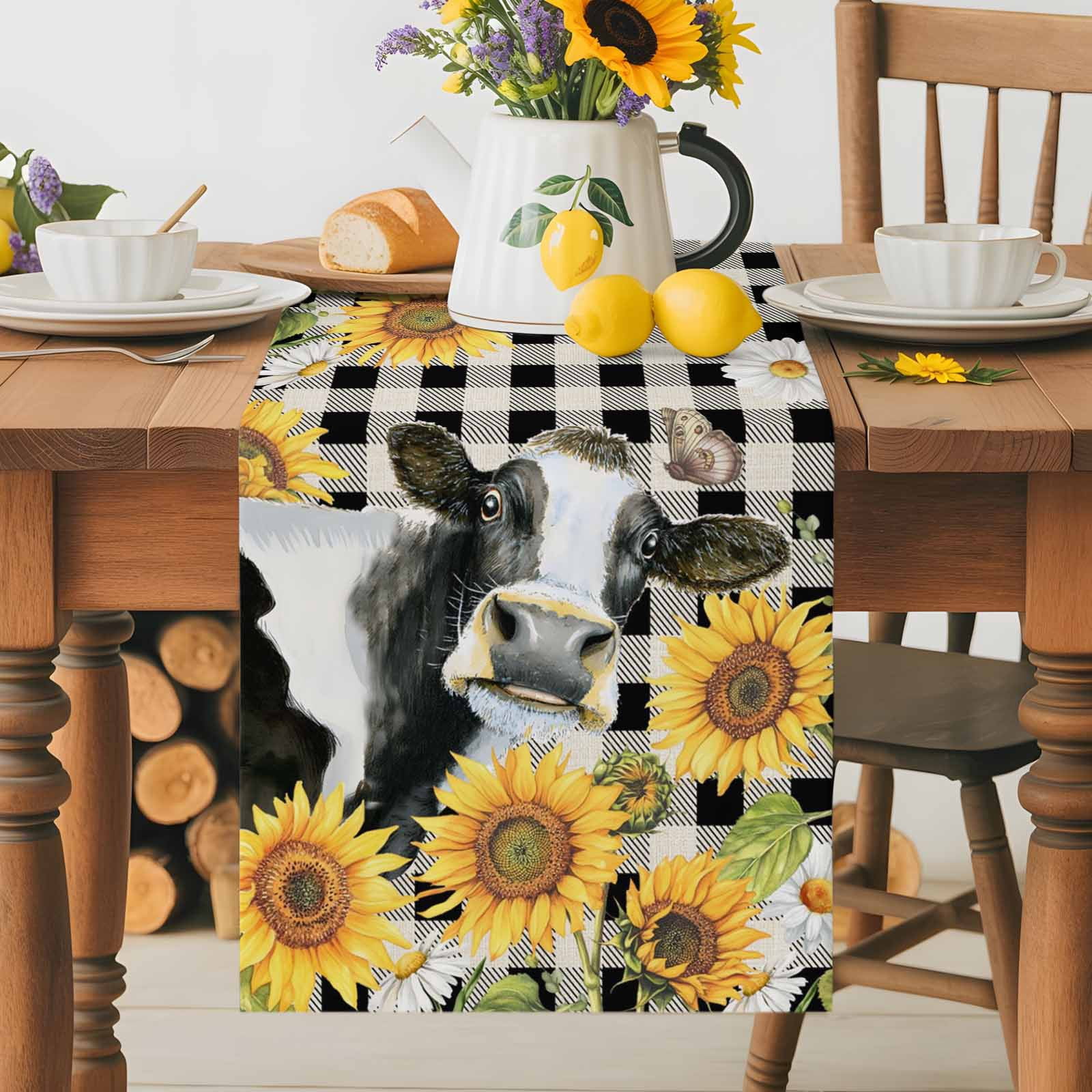 Burlap Table Runner 36 Inches Long, Farm Cows Sunflower Daisy Leaves ...