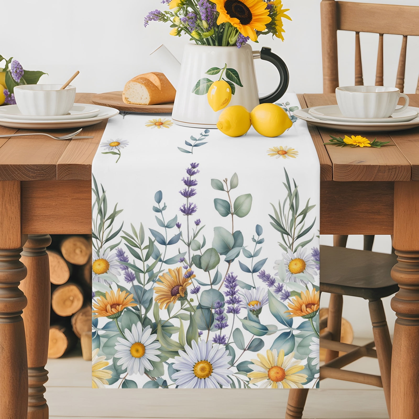 Burlap Table Runner 36 Inches Long, Farm Daisy Lavender Eucalyptus Non ...