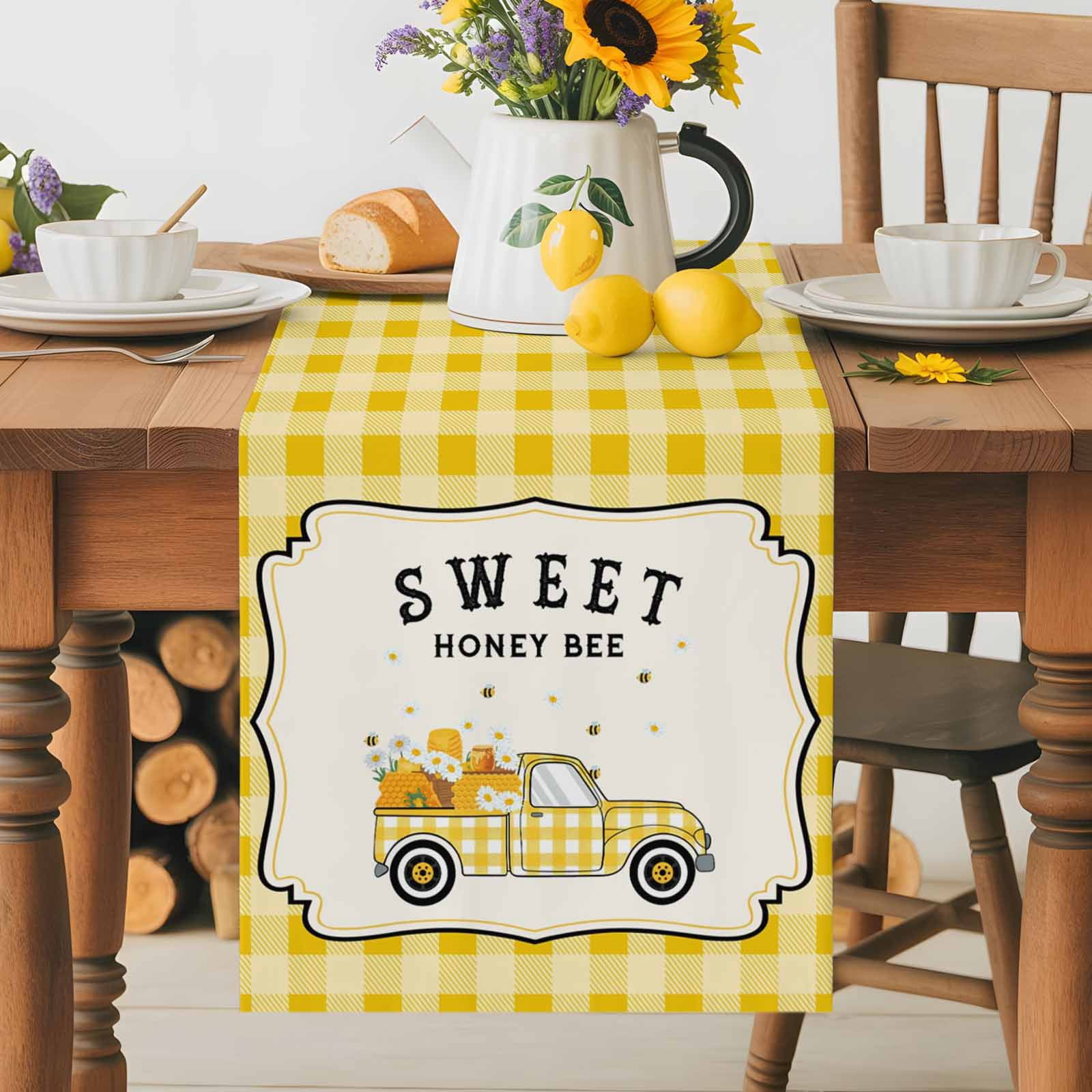 Burlap Table Runner 36 Inches Long, Farm Honey Bee Daisy Truck Non-Slip ...