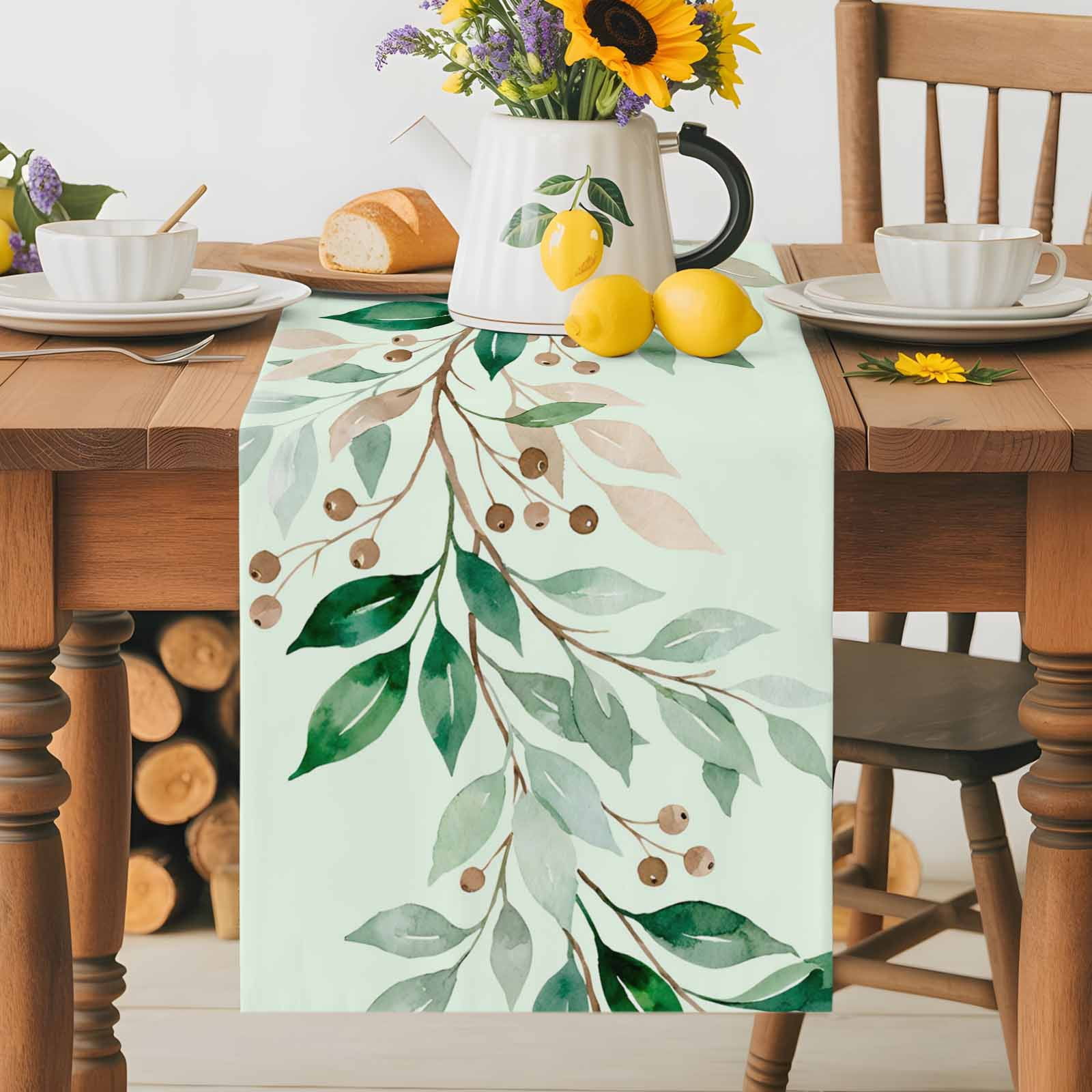 Burlap Table Runner 36 Inches Long, Farm Leaves Tree Branch on Light ...