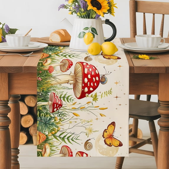 Burlap Table Runner 36 Inches Long, Farm Mushroom Butterfly Snails Non ...