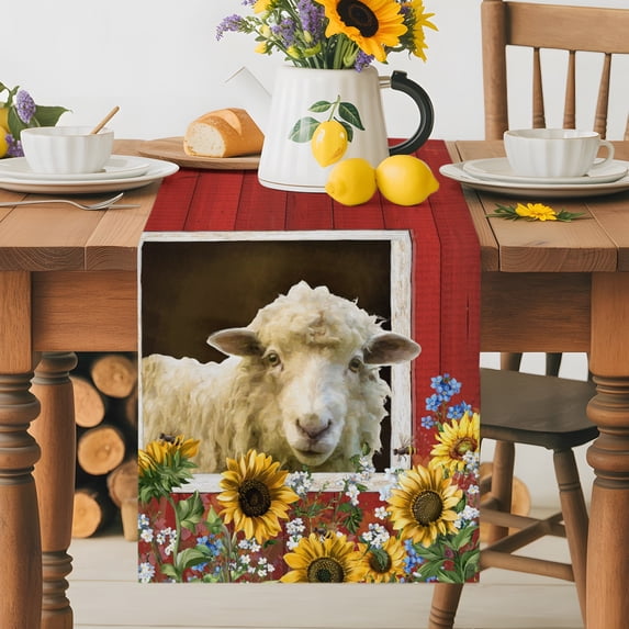 Burlap Table Runner 36 Inches Long, Farm Red Barn and Animal Sheep Non ...