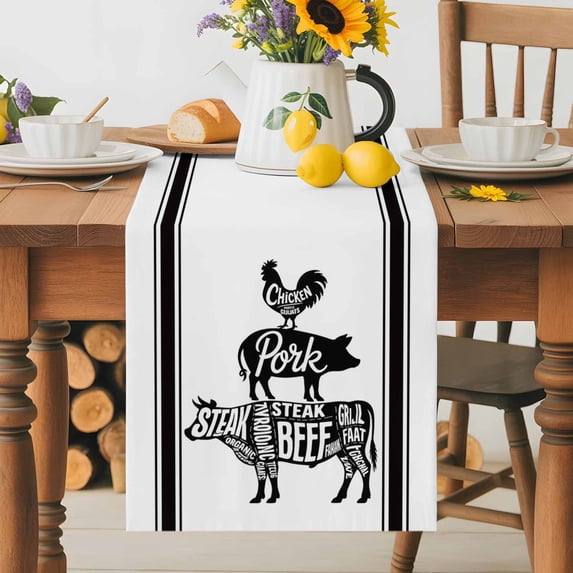 Burlap Table Runner 36 Inches Long, Farm Rooster Pig and Cow Silhouette ...