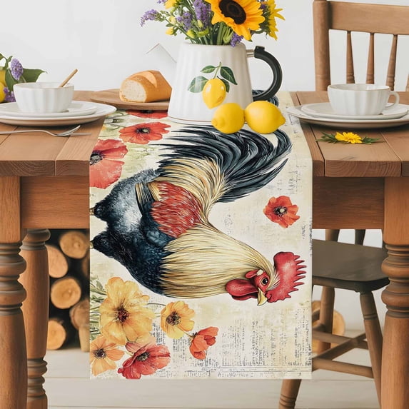 Burlap Table Runner 36 Inches Long, Farm Rooster Poppy Flower Non-Slip ...