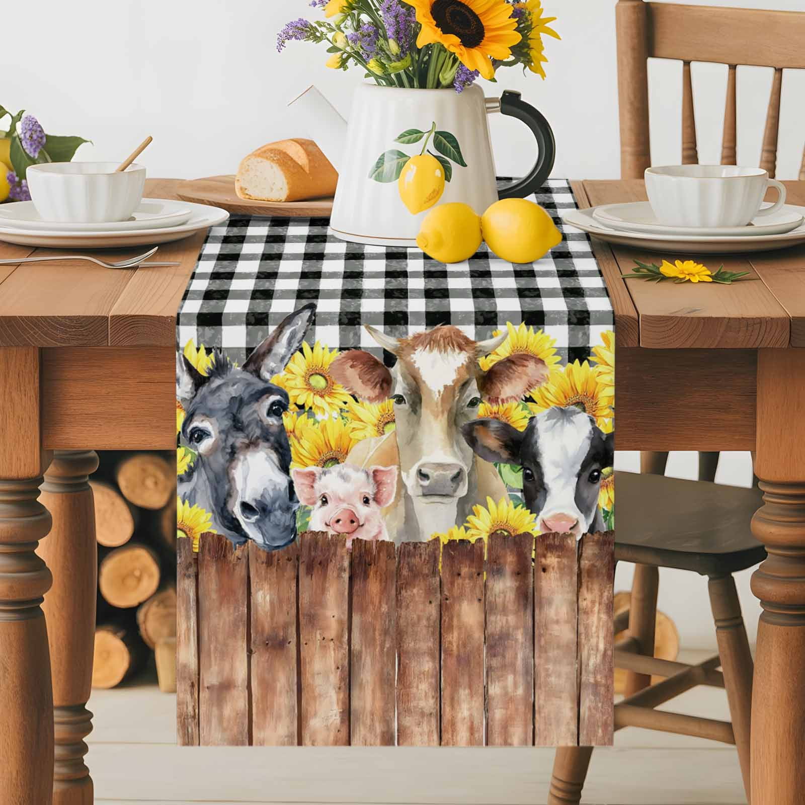 Burlap Table Runner 36 Inches Long, Farm Sunflower Pigs Cows Donkeys ...