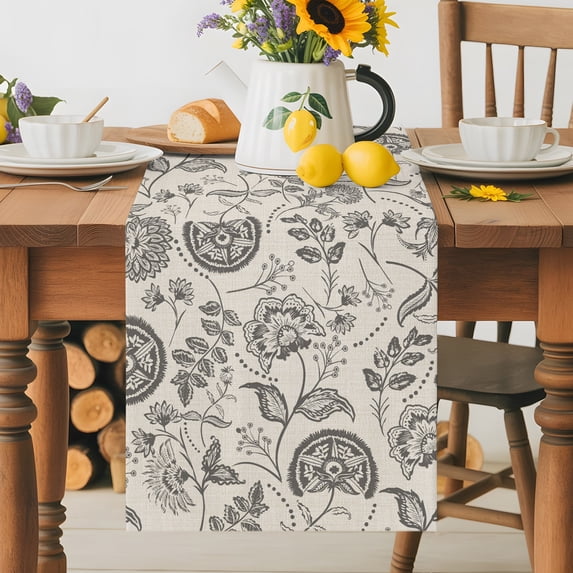 Burlap Table Runner 36 Inches Long, Farmhouse Gray Flower Leaves Non ...