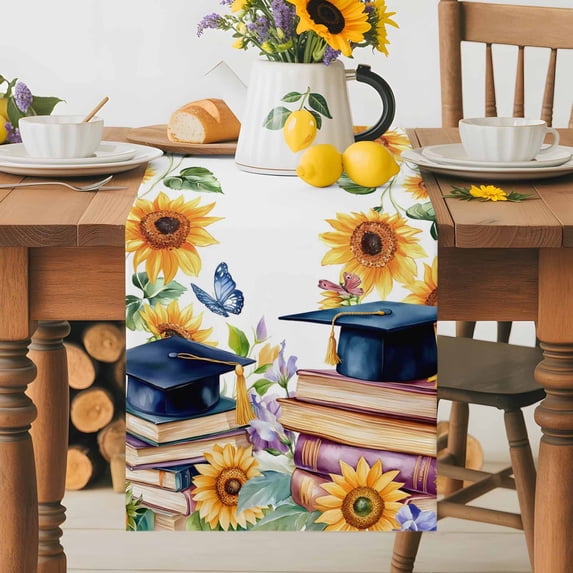 Burlap Table Runner 36 Inches Long, Graduation Cap Farm Sunflowers Non ...