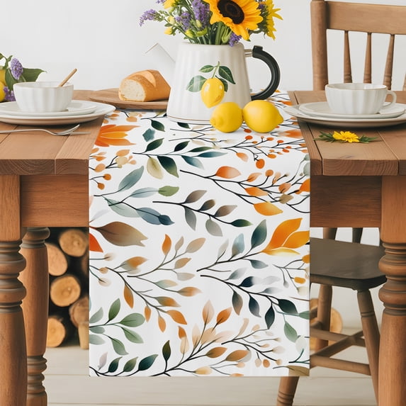 Burlap Table Runner 36 Inches Long, Green Orange Branch Leaves Non-Slip ...