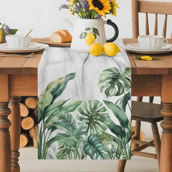Burlap Table Runner 36 Inches Long, Green Palm Leaf Marble Non-Slip ...