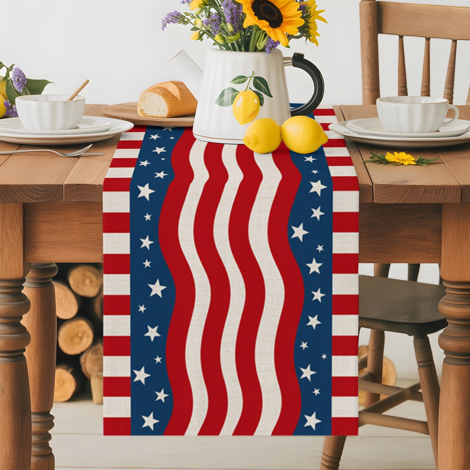 Burlap Table Runner 36 Inches Long, Independence Day Red and White Wave ...