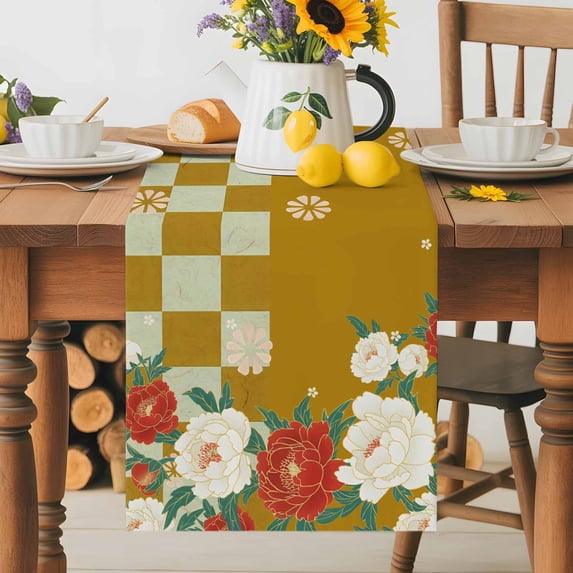 Burlap Table Runner 36 Inches Long, Japanese Red White Peony Non-Slip ...