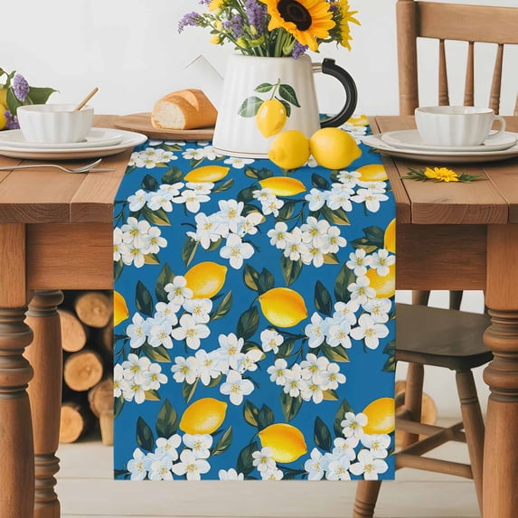 Burlap Table Runner 36 Inches Long, Lemon Floral Leaves on Teal Non ...