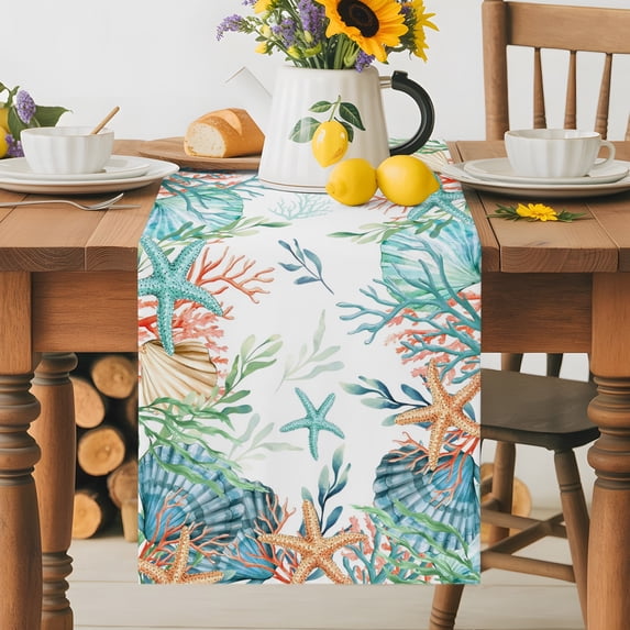 Burlap Table Runner 36 Inches Long, Marine Coral Shell Starfish Non ...