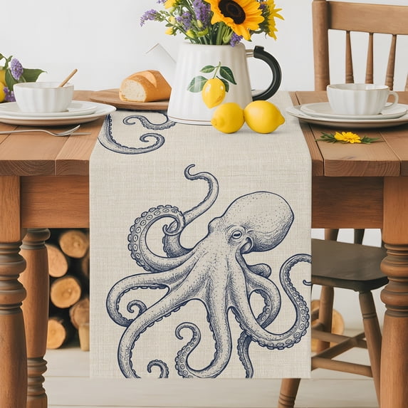 Burlap Table Runner 36 Inches Long, Marine Octopus Sea Monster Non-Slip ...