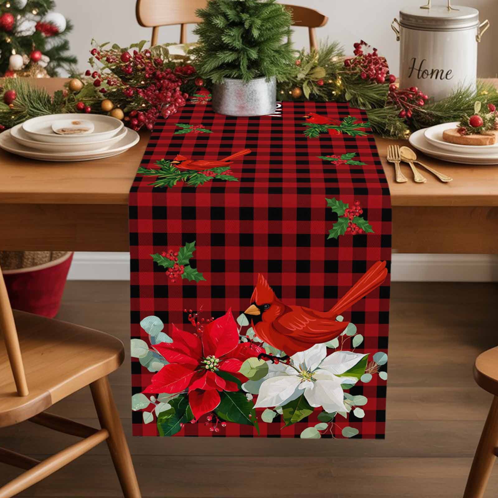 Burlap Table Runner 36 Inches Long,Merry Christmas Bird Poinsettia Non ...