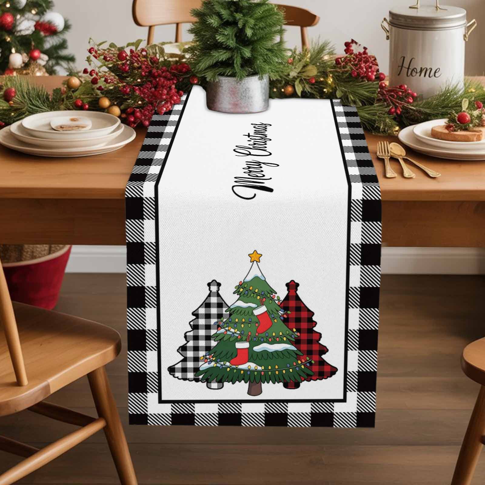 Burlap Table Runner 36 Inches Long,Merry Christmas Plaid Tree on Wood ...