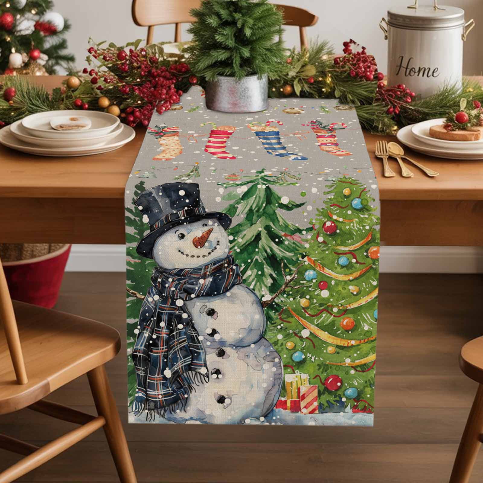 Burlap Table Runner 36 Inches Long,Merry Christmas Snowman Xmas Tree ...