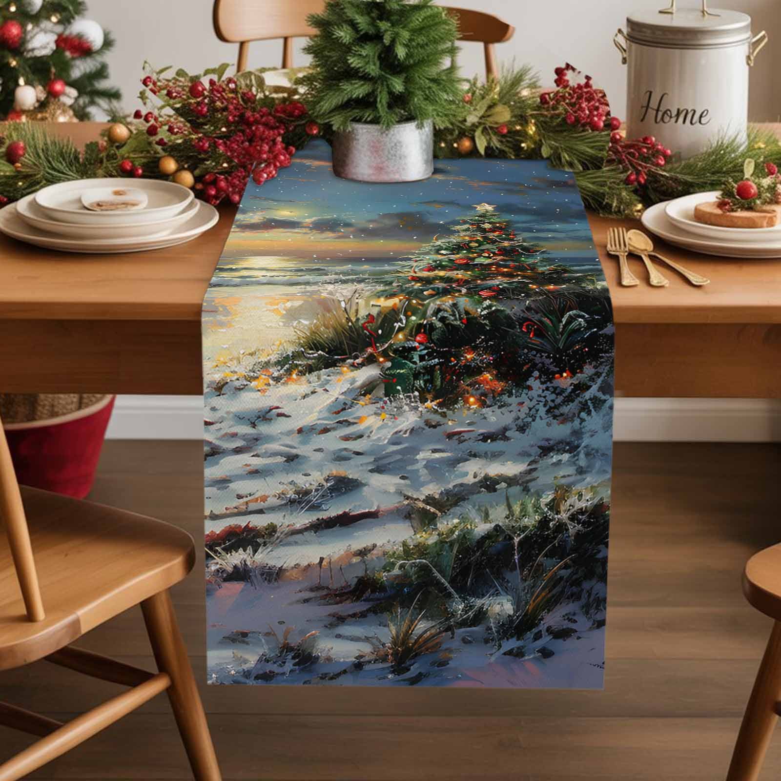 Burlap Table Runner 36 Inches Long,Merry Christmas Tree Beach Sunset ...