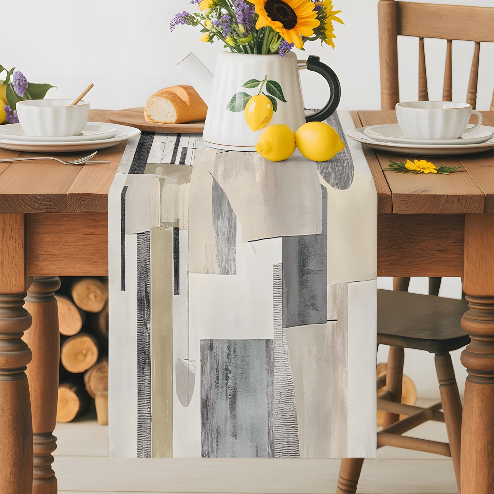 Burlap Table Runner 36 Inches Long, Modern Gray Beige Minimalist Art ...