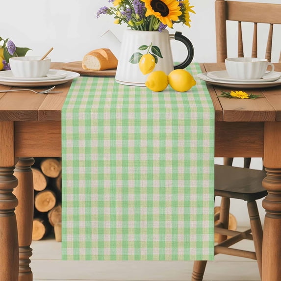Burlap Table Runner 36 Inches Long, Modern Green Plaid Lattice on Linen ...