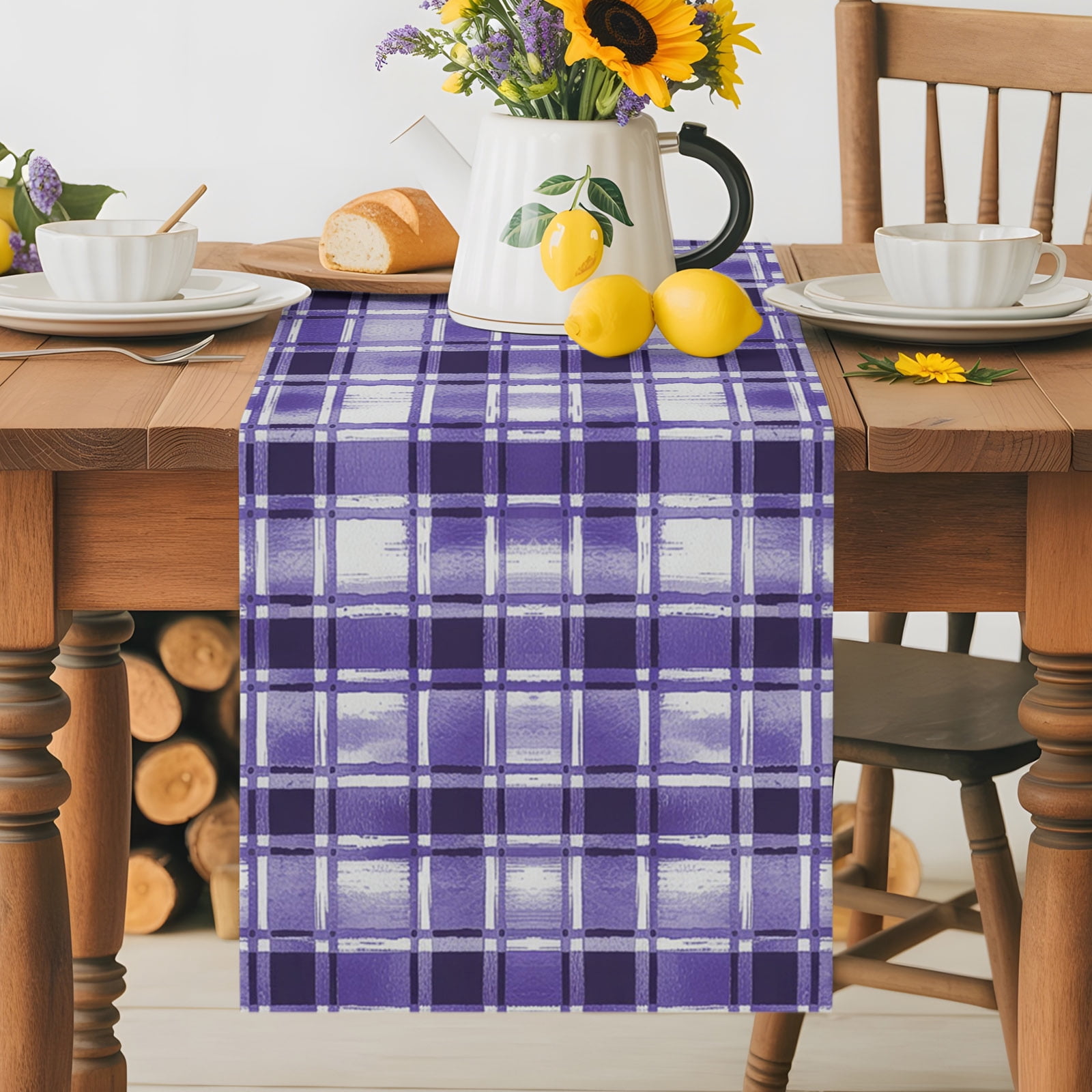 Burlap Table Runner 36 Inches Long, Modern Purple Checkered Non-Slip ...