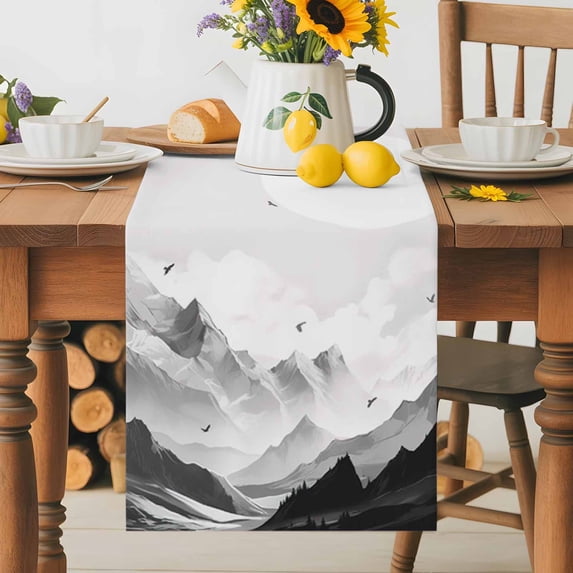 Burlap Table Runner 36 Inches Long, Monochrome Mountain Landscape Non ...