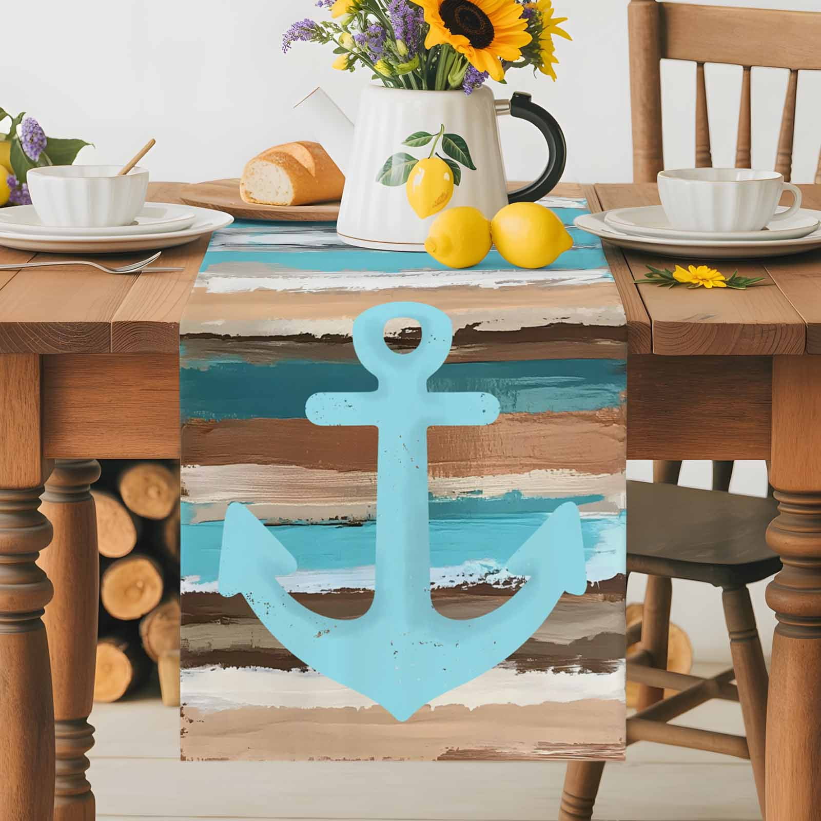 Burlap Table Runner 36 Inches Long, Nautical Anchor Blue Ocean Style ...