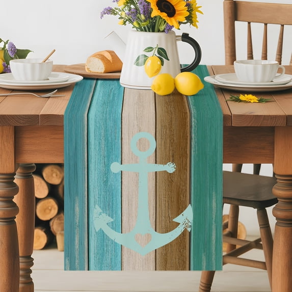 Burlap Table Runner 36 Inches Long, Nautical Blue Anchor Farm Wood ...
