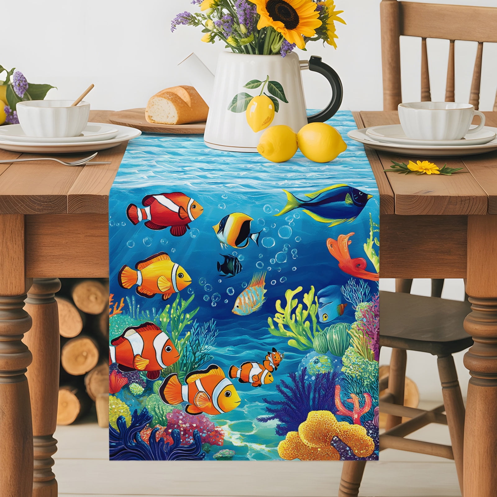Burlap Table Runner 36 Inches Long, Nautical Watercolor Fish Coral Non ...