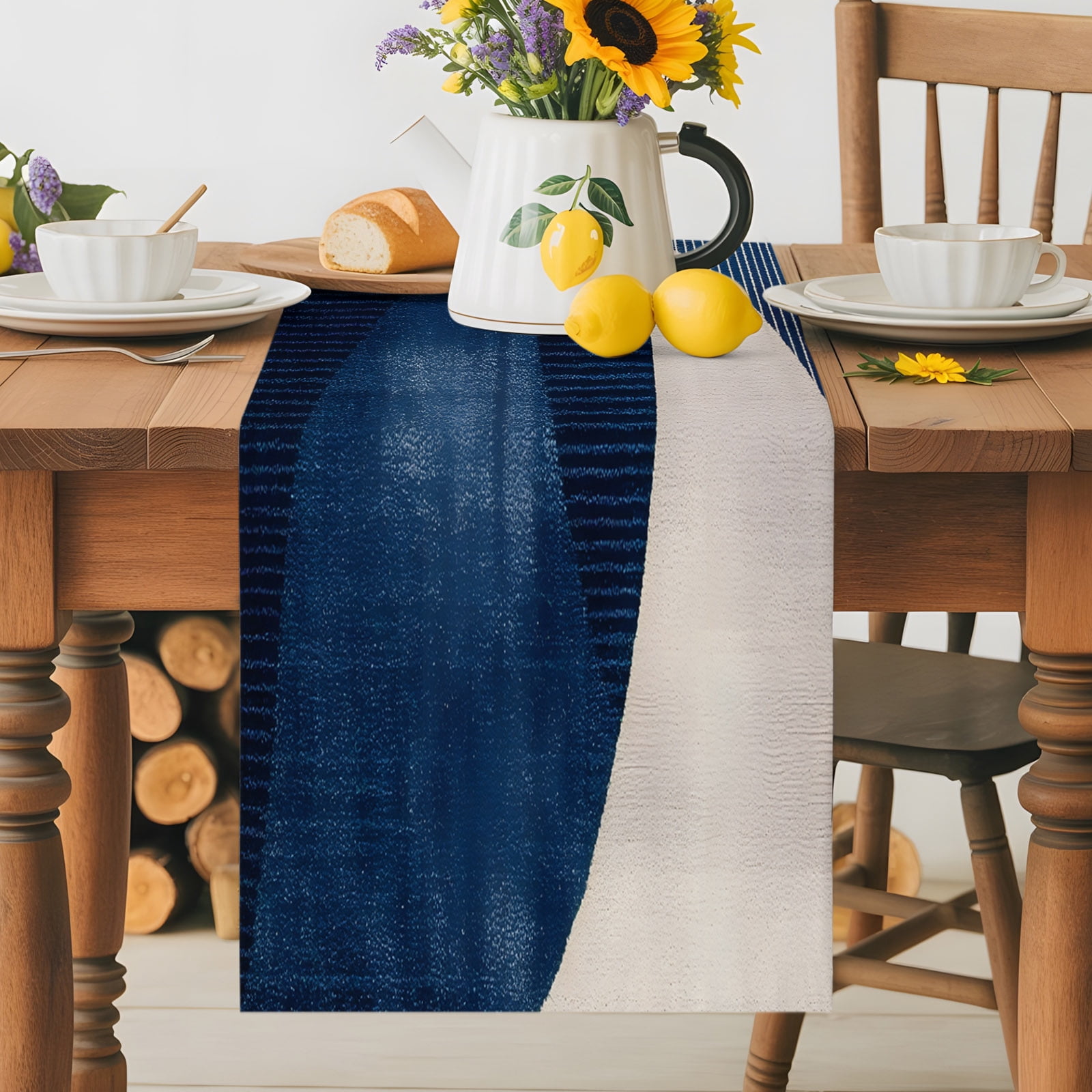 Burlap Table Runner 36 Inches Long, Navy Blue Color Block Abstract ...