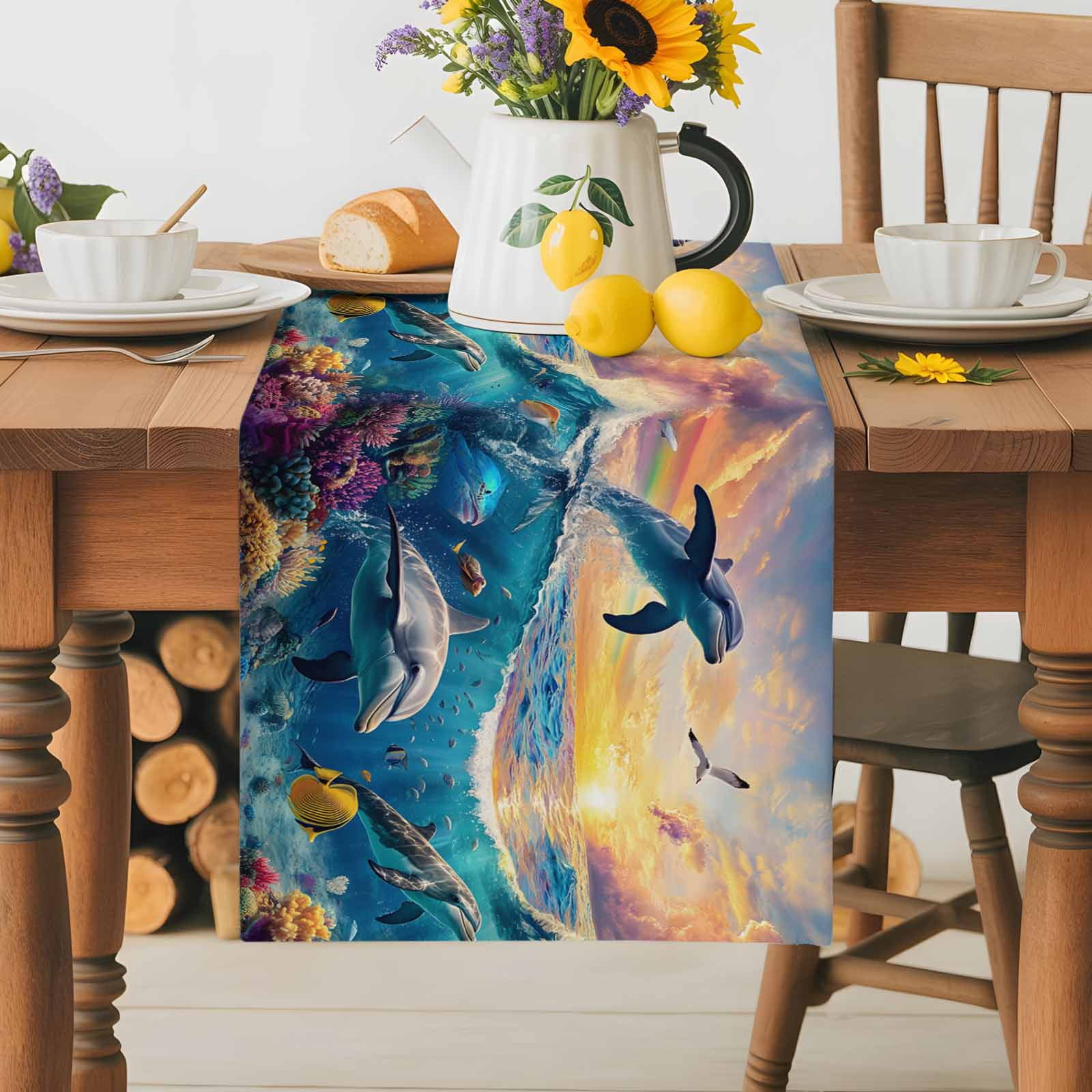 Burlap Table Runner 36 Inches Long, Ocean Dolphin Blue Ocean Coral Non ...