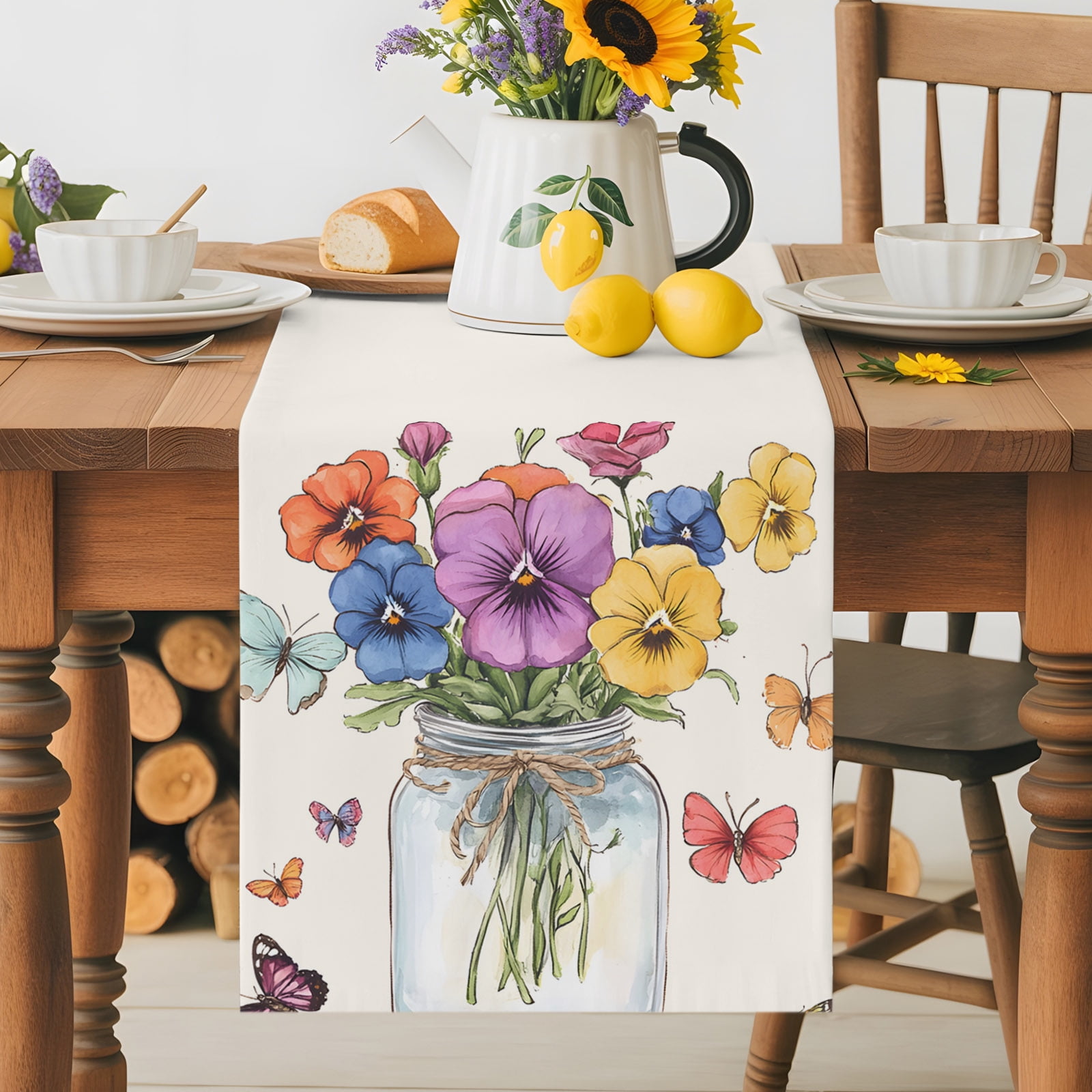 Burlap Table Runner 36 Inches Long, Pastoral Cartoon Flowers Non-Slip ...