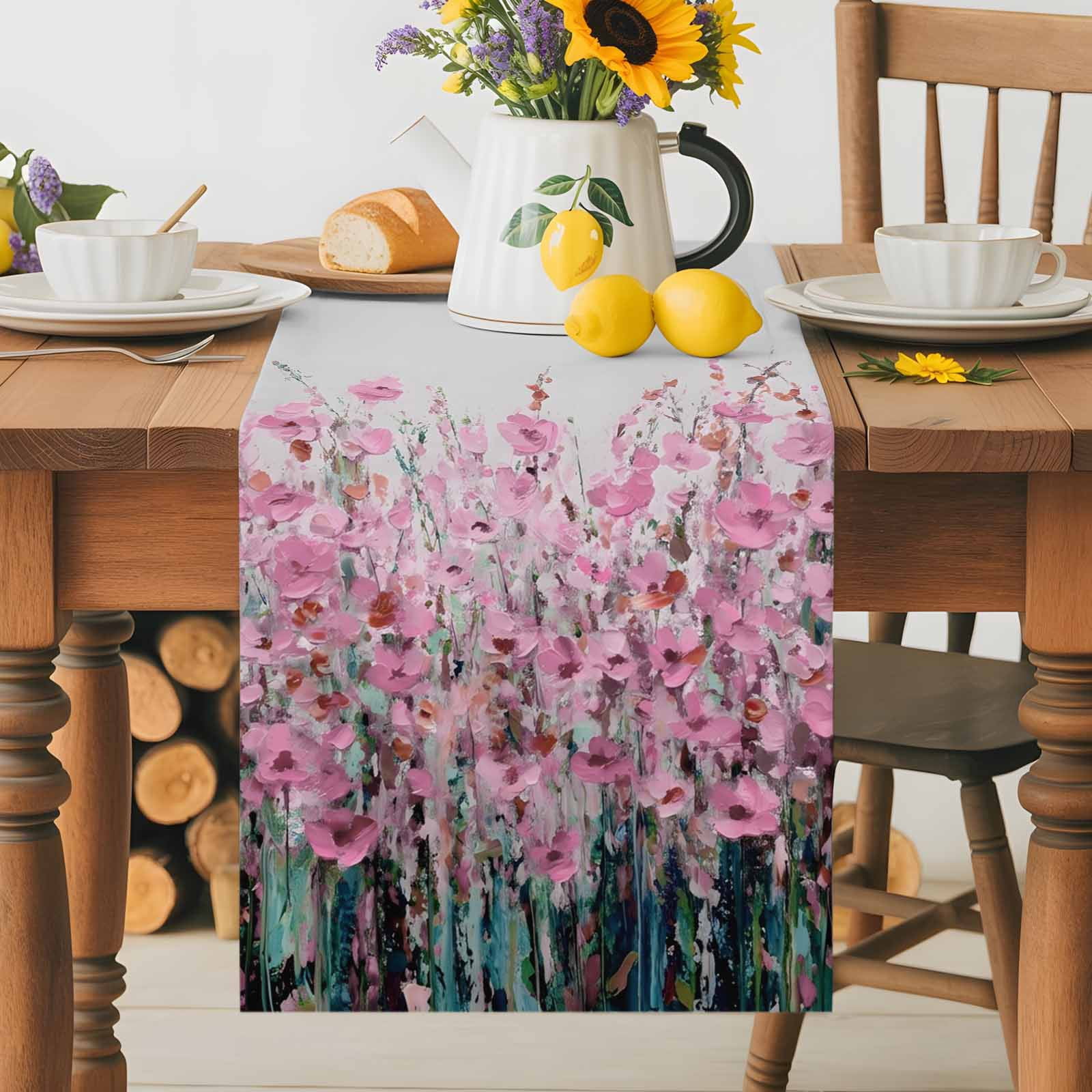 Burlap Table Runner 36 Inches Long, Pink Flower Oil Painting Art Non ...