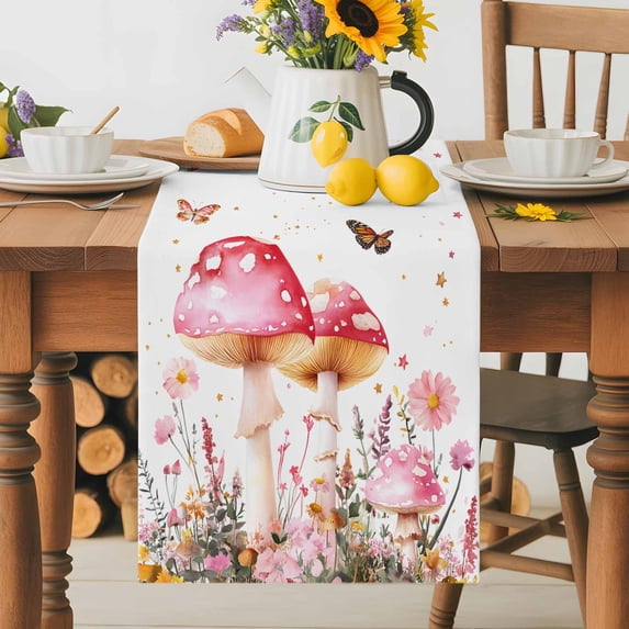Burlap Table Runner 36 Inches Long, Pink Mushroom Spring Butterfly ...