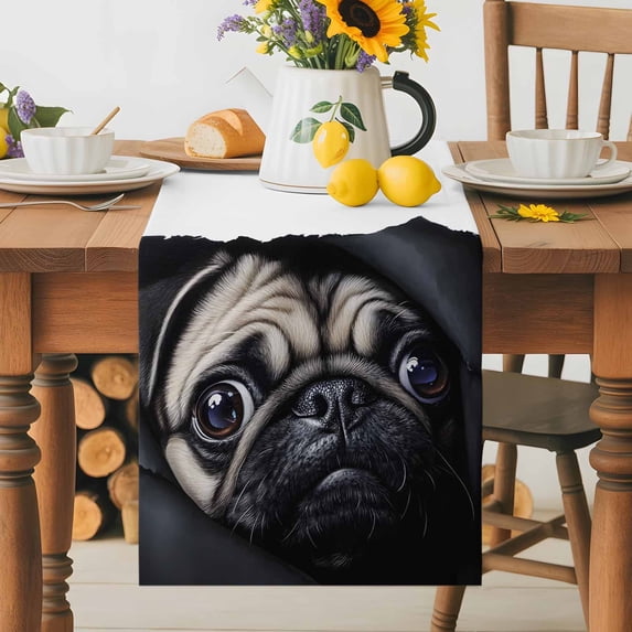 Burlap Table Runner 36 Inches Long, Realistic Pug Dog Pattern Non-Slip ...
