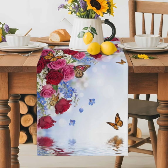 Burlap Table Runner 36 Inches Long, Red Pink Roses Butterflies on Blue ...