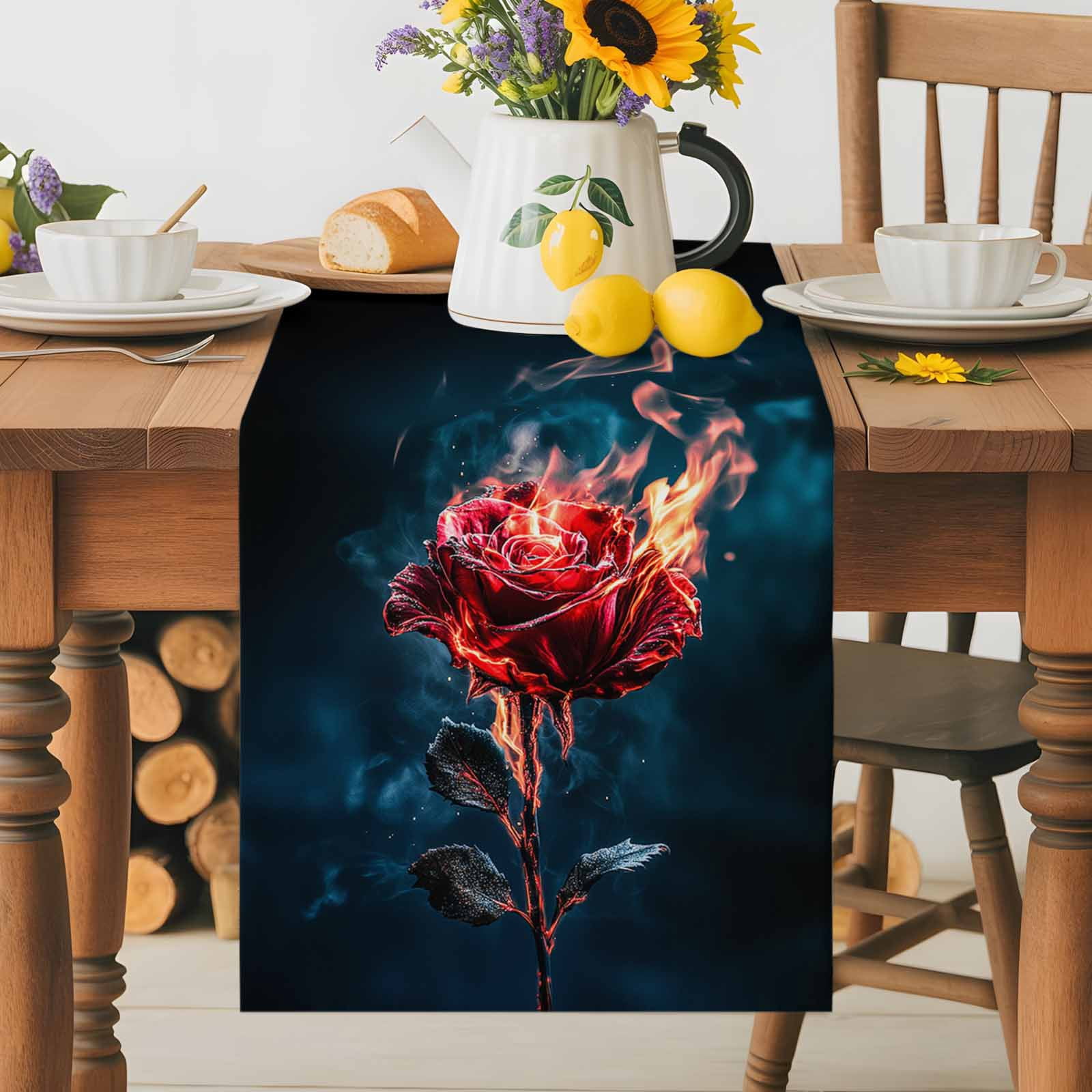 Burlap Table Runner 36 Inches Long, Red Rose Burn Fire on Black Non ...