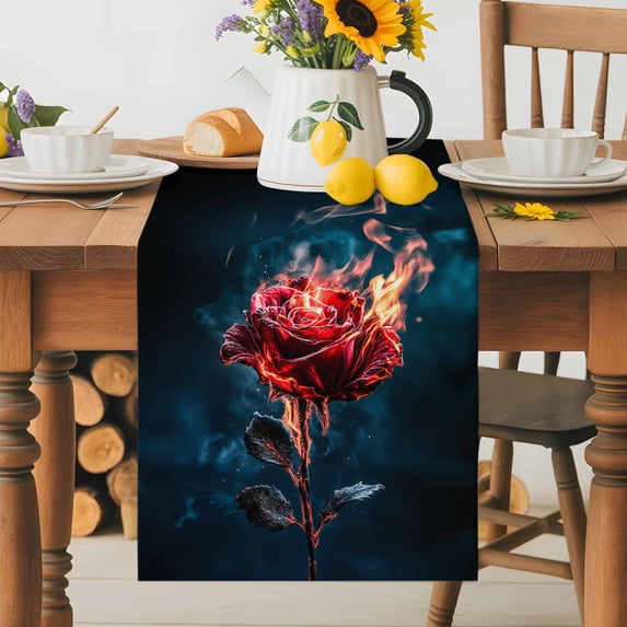 Burlap Table Runner 36 Inches Long, Red Rose Burn Fire on Black Non ...