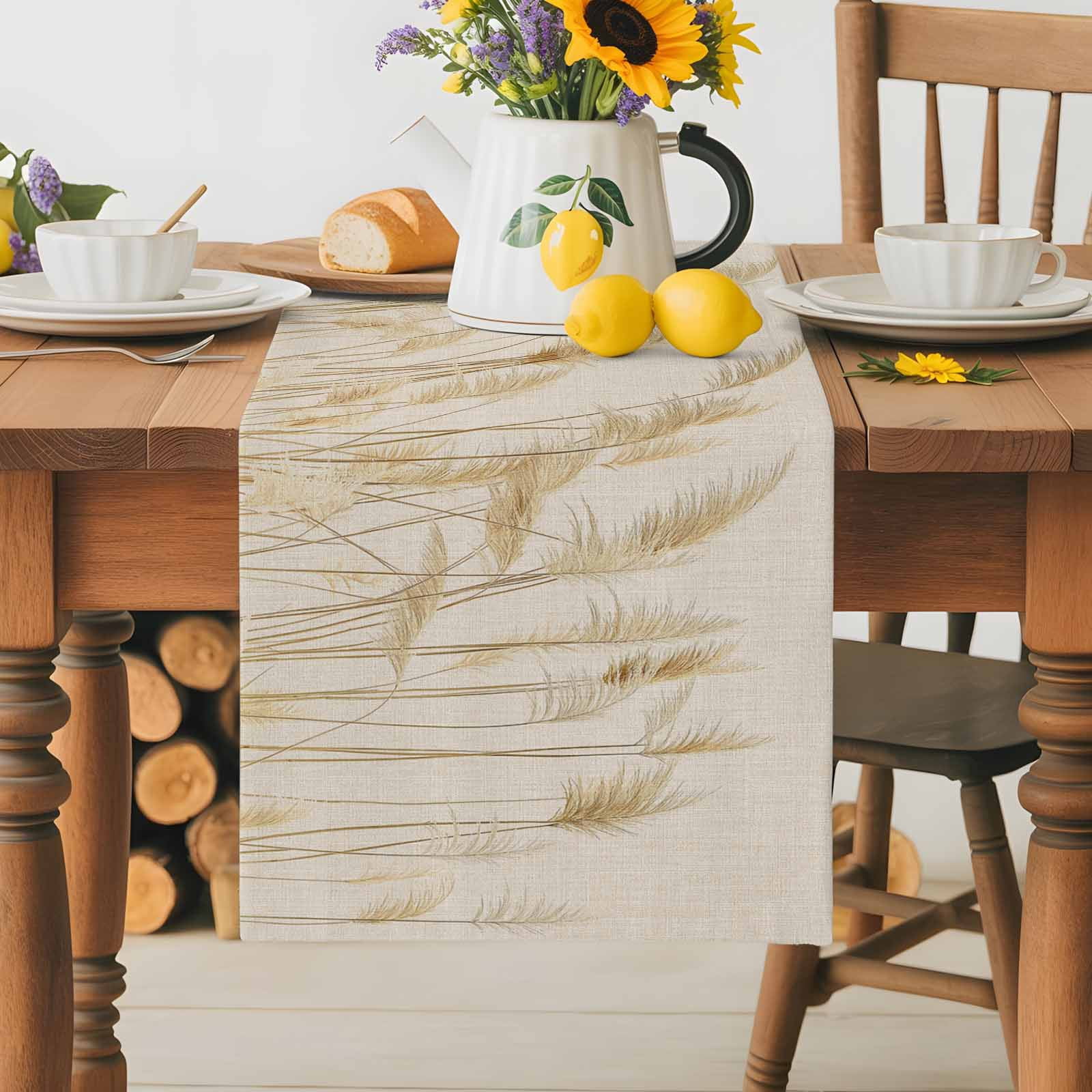 Burlap Table Runner 36 Inches Long,Retro Fall Reed Plant on Linen Flax ...