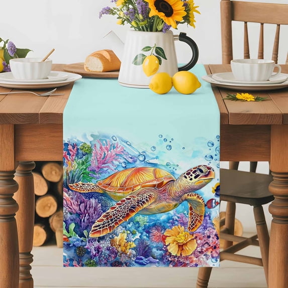 Burlap Table Runner 36 Inches Long, Retro Sea Turtle Coral Seaweed ...