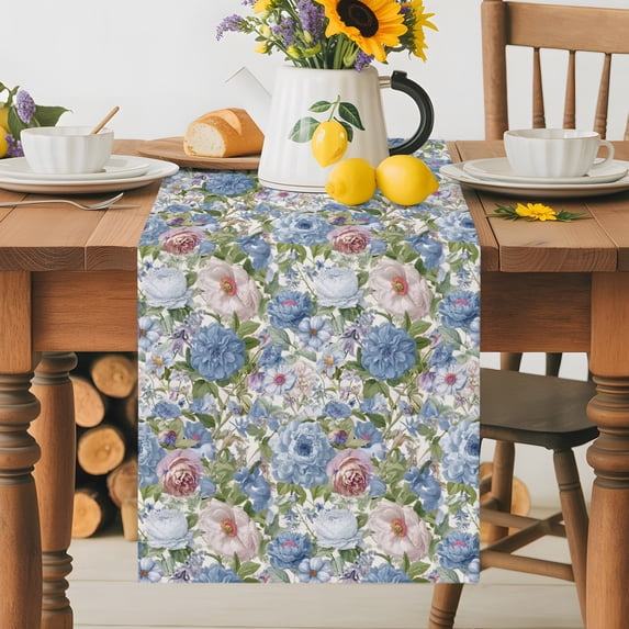 Burlap Table Runner 36 Inches Long, Retro Spring Blue Pink Peony ...