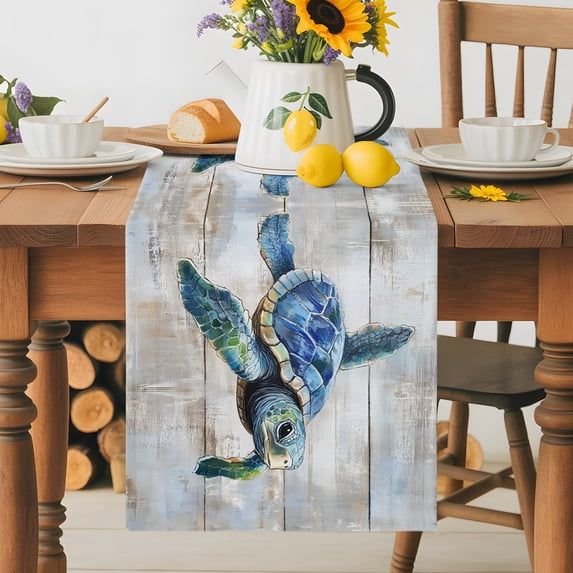 Burlap Table Runner 36 Inches Long, Sea Turtle on Farm Wood Board Non ...