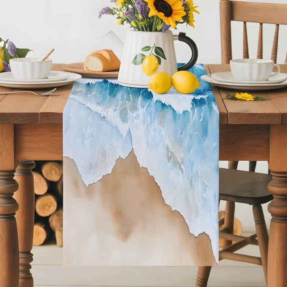 Burlap Table Runner 36 Inches Long, Seaside Ocean Waves Spray Non-Slip ...