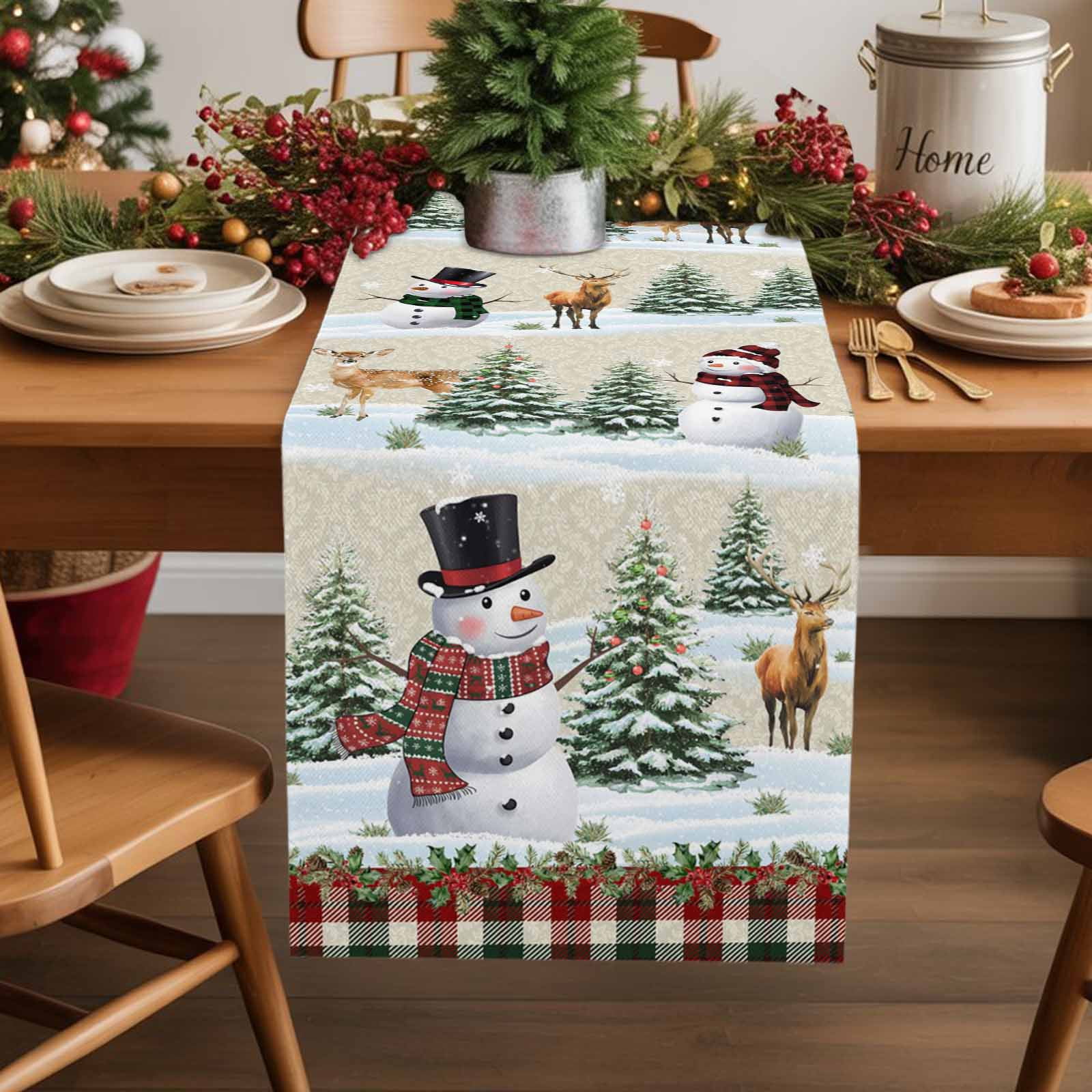 Burlap Table Runner 36 Inches Long,Snowman Elk Xmas Ball Pine Tree Non ...